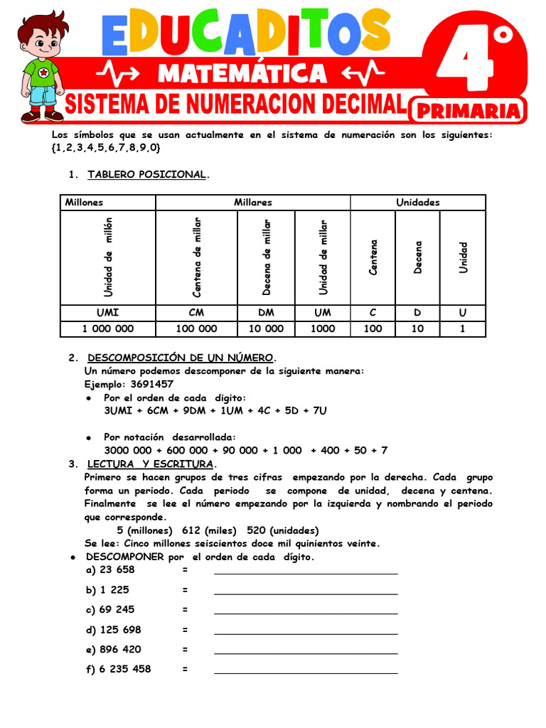 Sistema de Numeracion Decimal para Cuarto Grado de Primaria | PDF ...