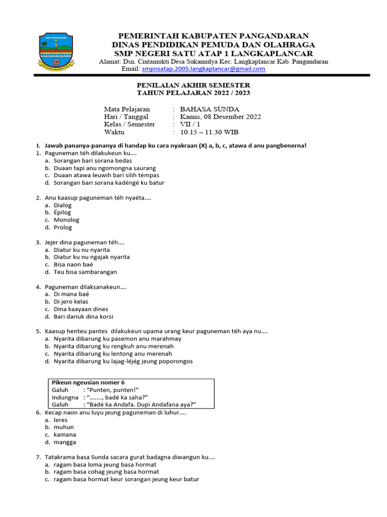 Soal Pas Basa Sunda Kelas 7 Taun 2022 (k13) | PDF