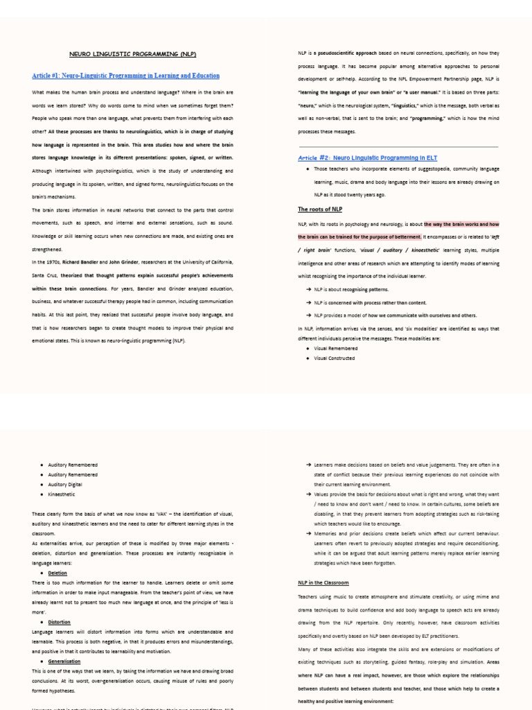 NLP Summary | Download Free PDF | Neuro Linguistic Programming | Learning