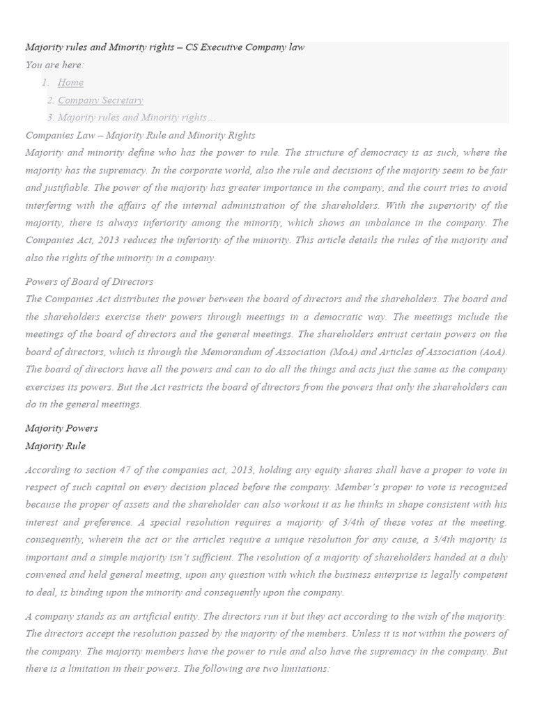 Majority Rules and Minority Rights - Notes | PDF | Board Of Directors ...