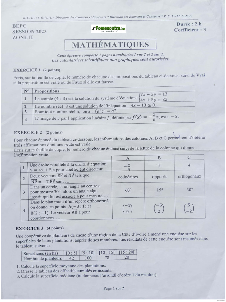 Bepc 2023 Maths Zone 2 | PDF