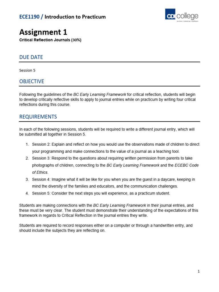 Ece1190 Assignment 1 Critically Reflective Journal Entries Pdf