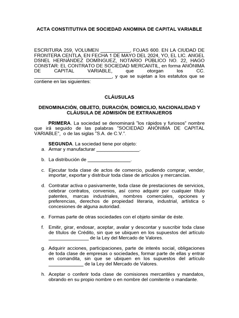 Acta Constitutiva de Sociedad Anomina de Capital Variable | PDF | Sociedad de responsabilidad ...