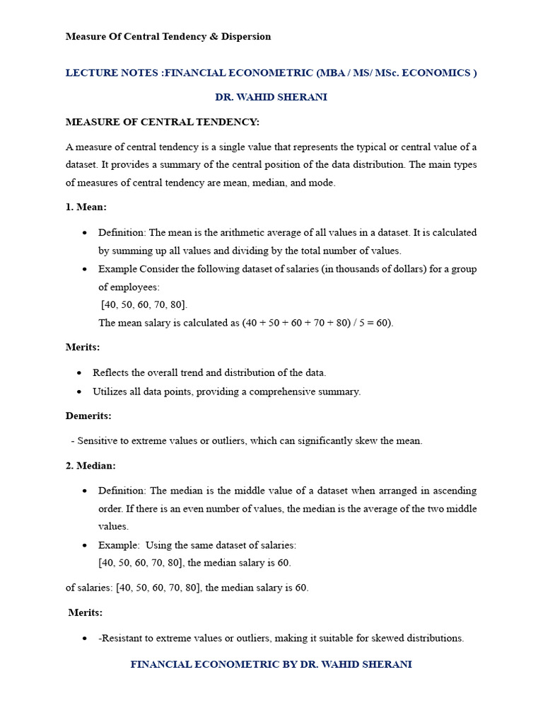 Measure of Central Tendency & Dispersion BY DR Wahid Sherani | PDF | Normal Distribution | Mean