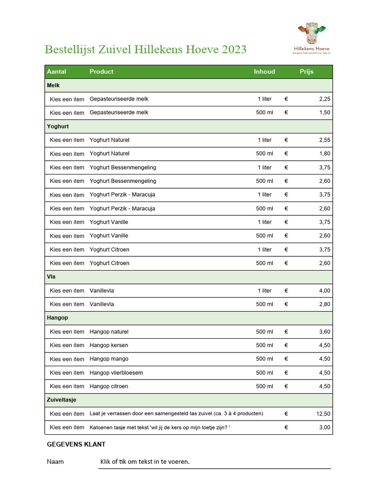 Invulformulier Bestellijst Zuivel Hillekens Hoeve Zomer2023 | PDF
