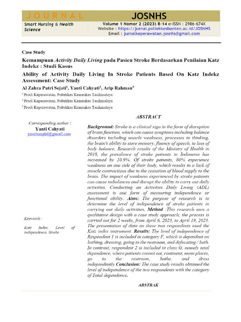 View of Ability of Activity Daily Living in Stroke Patients Based On ...