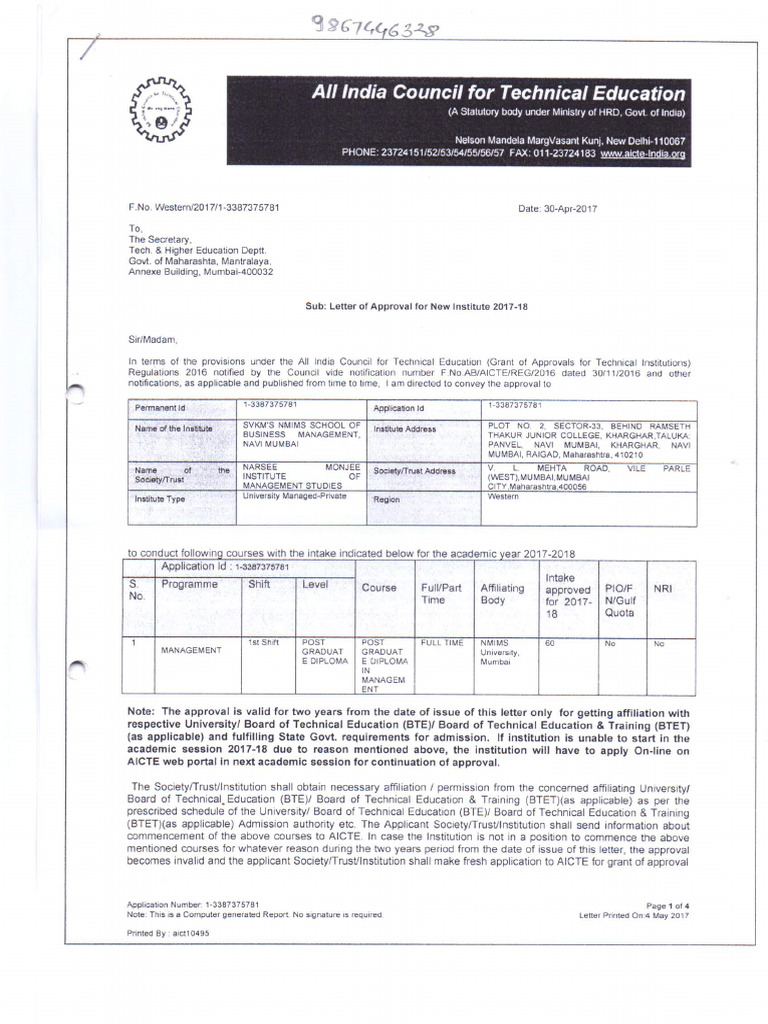 Aicte Approval Letter | PDF