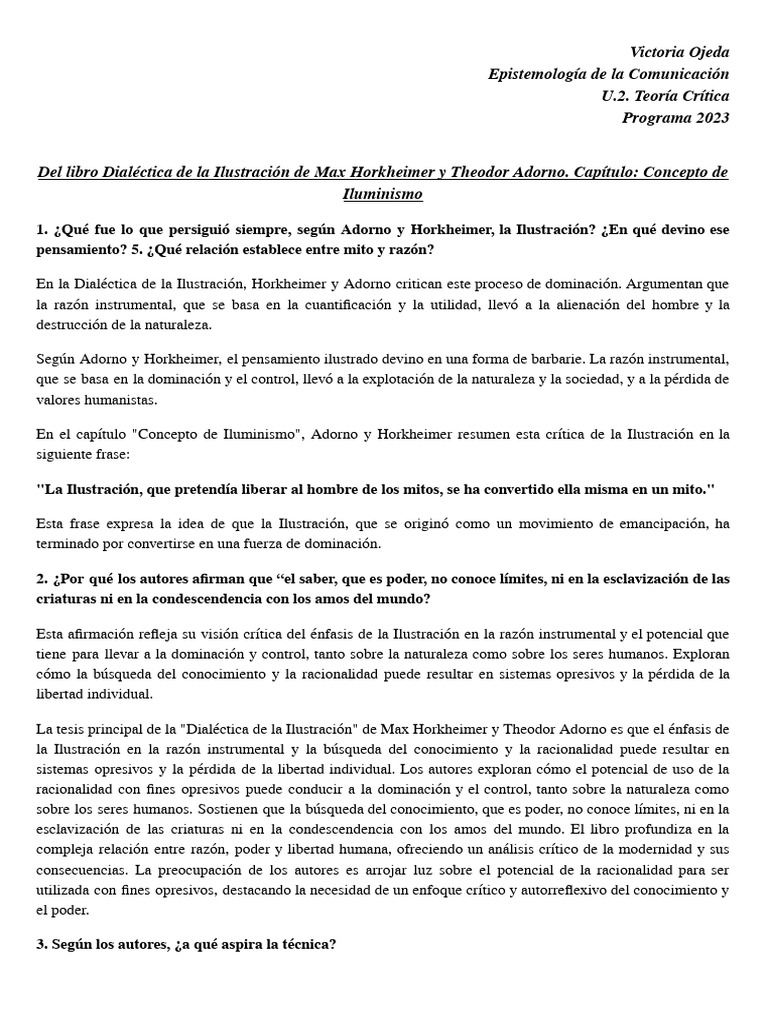 U. 2 El Concepto Del Iluminismo | PDF | Theodor W. Adorno | Dialéctico