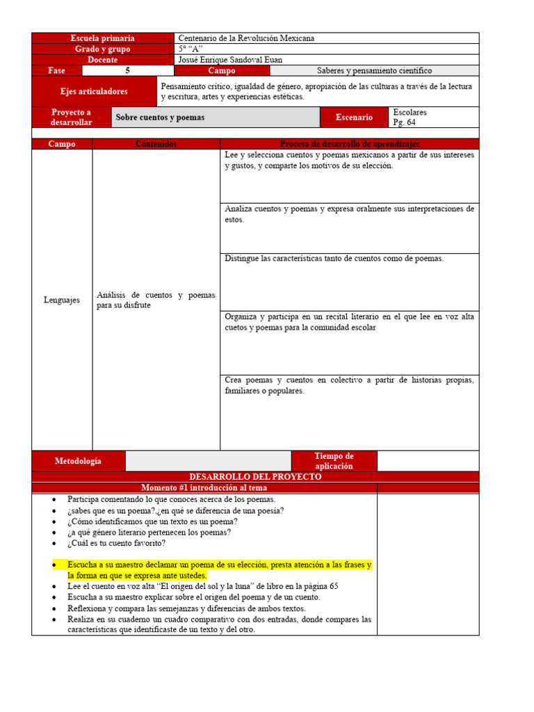 Planeacion Quinto Grado Nem Sobre Cuentos Y Poemas Descargar