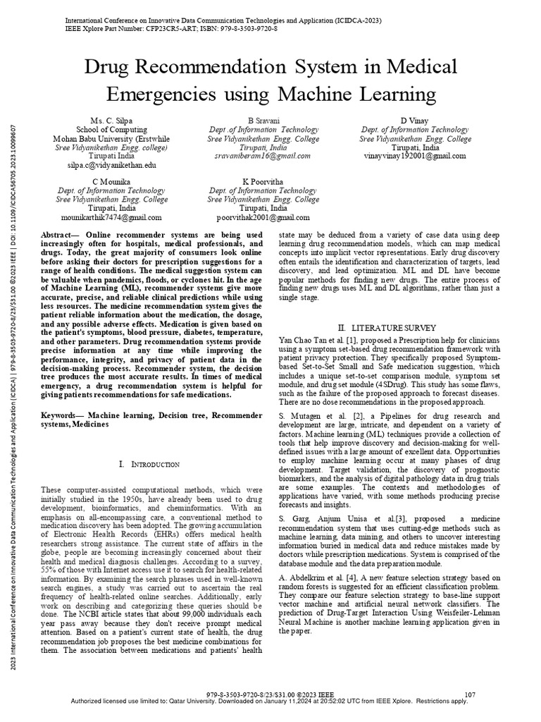 Drug Recommendation System in Medical Emergencies Using Machine ... Drug Recommendation System in Medical Emergencies Using Machine ...