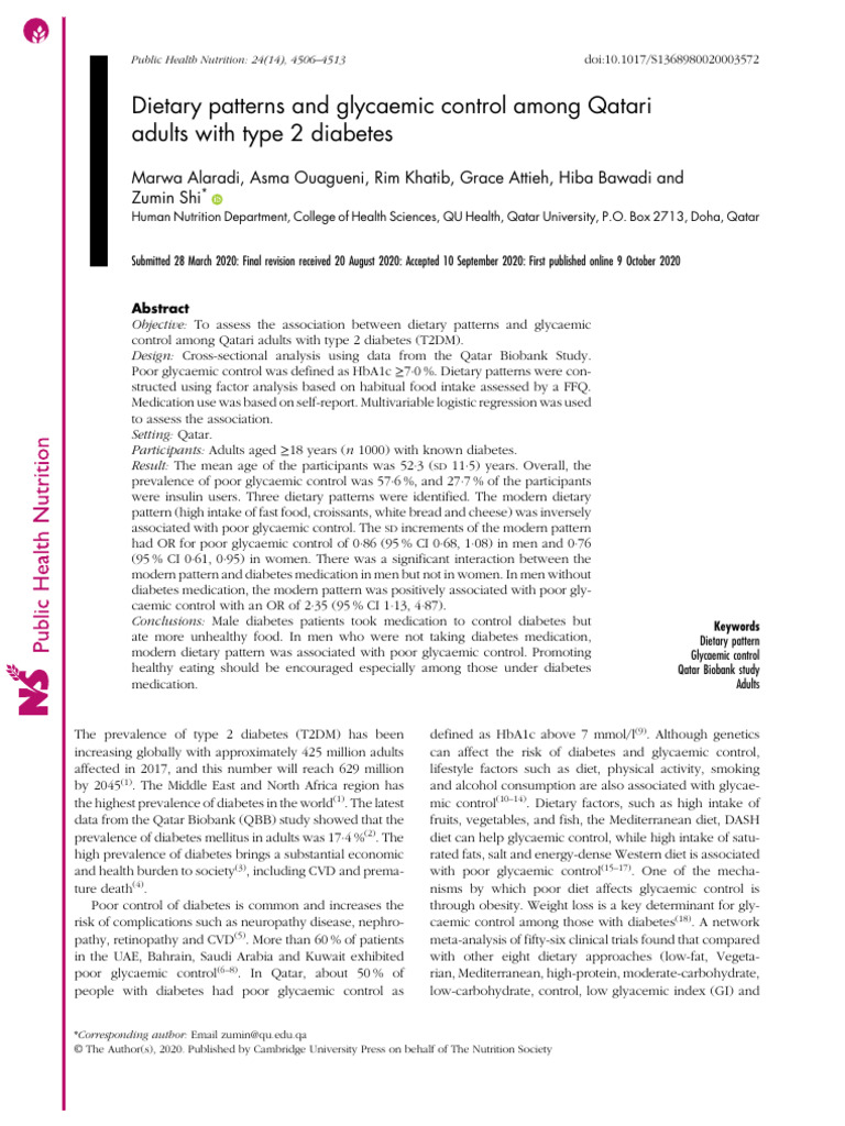 Dietary Patterns and Glycaemic Control Among Qatari Adults With Type 2 ...
