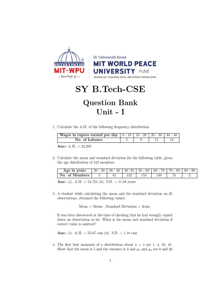 BTech CSE (Question Bank) | Download Free PDF | Skewness | Mean