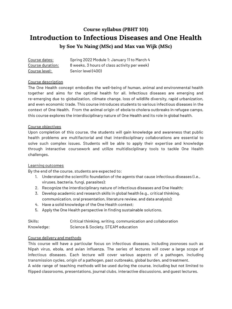 PBHT101 - Syllabus - Introduction To Infectious Diseases and One Health | PDF ...