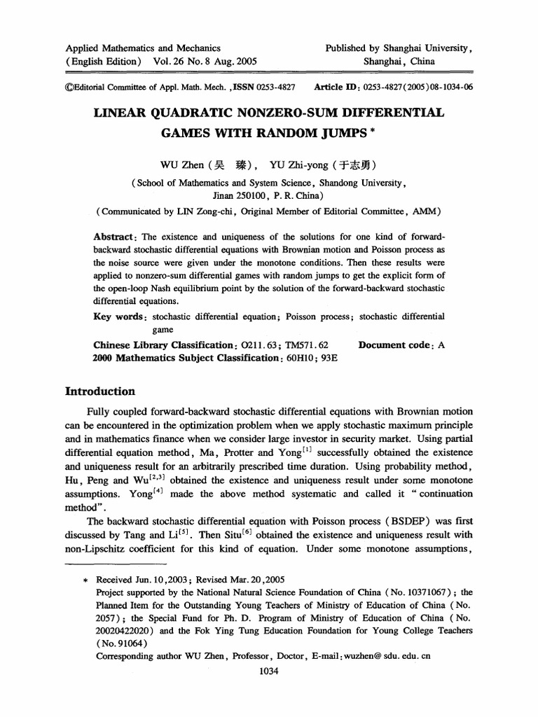 Linear Quadratic Nonzero-Sum Differential Games With Random Jumps | PDF | Stochastic ...