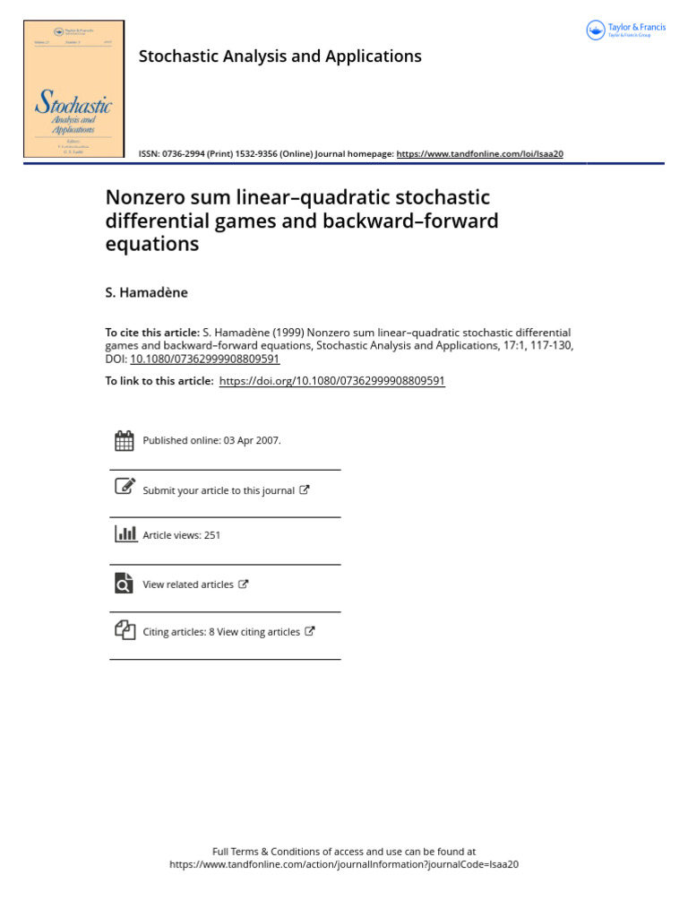 Nonzero Sum Linear Quadratic Stochastic Differential Games and Backward Forward Equations | PDF ...