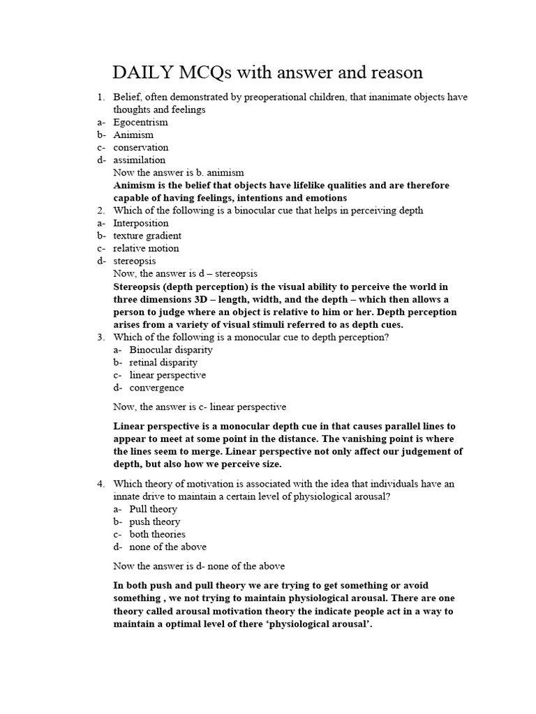 DAILY MCQs With Answer and Reason Psychology | PDF | Selective Serotonin Reuptake Inhibitor ...