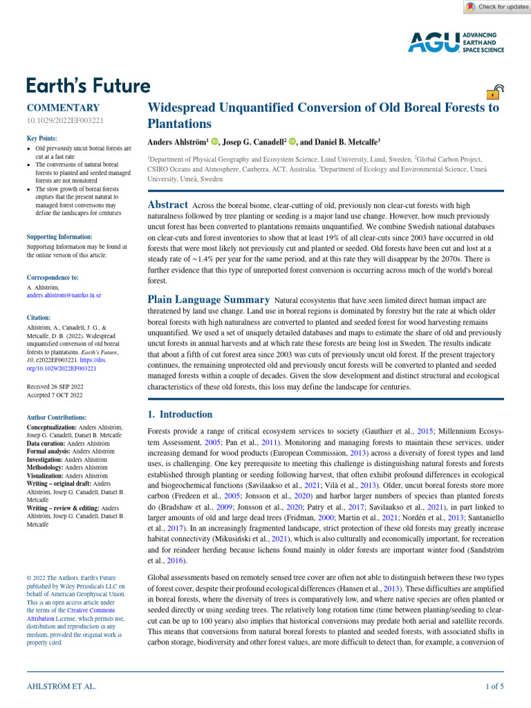 Earth S Future - 2022 - Ahlström - Widespread Unquantified Conversion ...