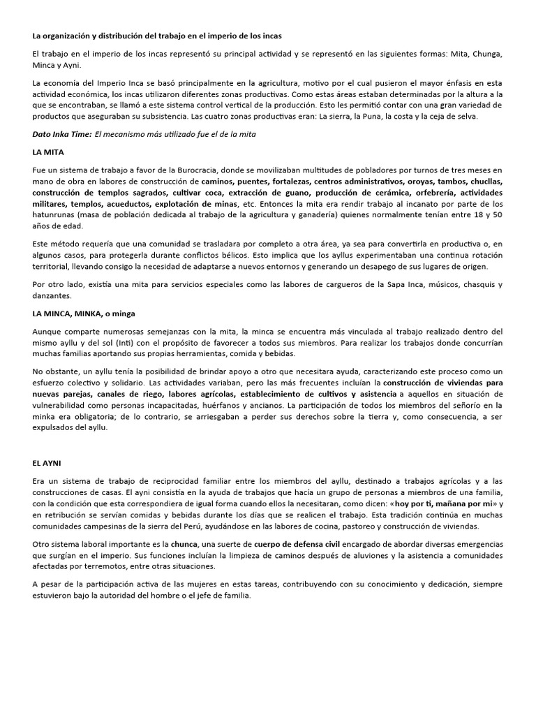 La Organización y Distribución Del Trabajo en El Imperio de Los Incas | PDF | Imperio Inca ...