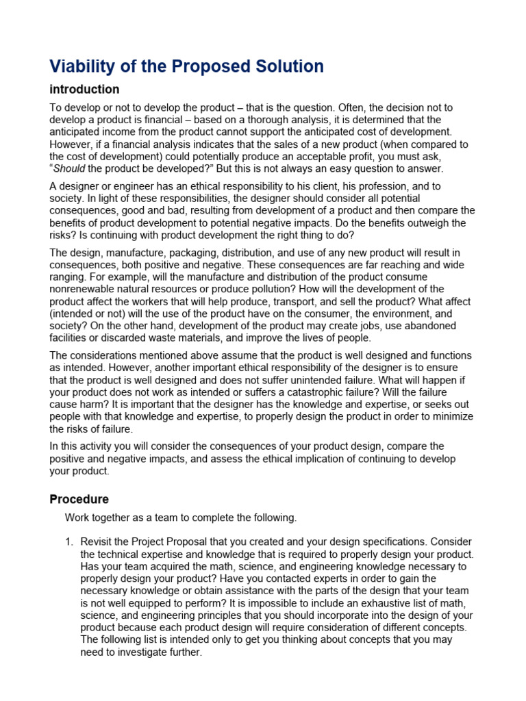 Viability of The Proposed Solution | PDF | Life Cycle Assessment | Expert