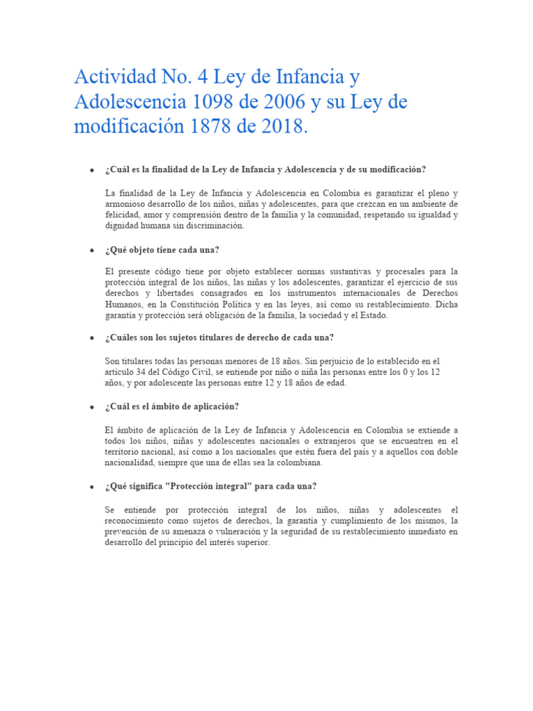 Actividad No. 4 Ley de Infancia y Adolescencia 1098 de 2006 y Su Ley de Modificación 1878 de ...