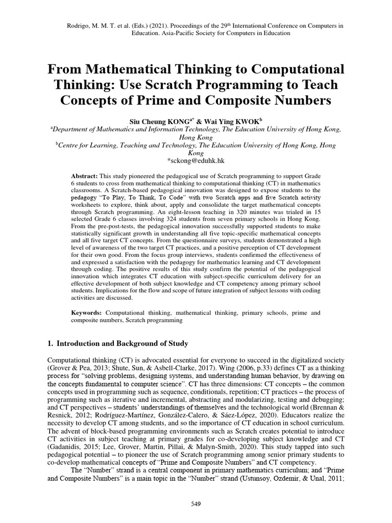 Computational Thinking - SC Kong - ICCE2021-Vol.I-PP.-549-558 | PDF | Pedagogy | Mathematics