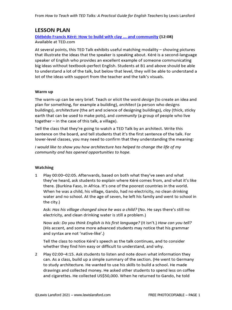 Kéré's TED Talk Lesson Plan | PDF | Linguistics | Human Communication