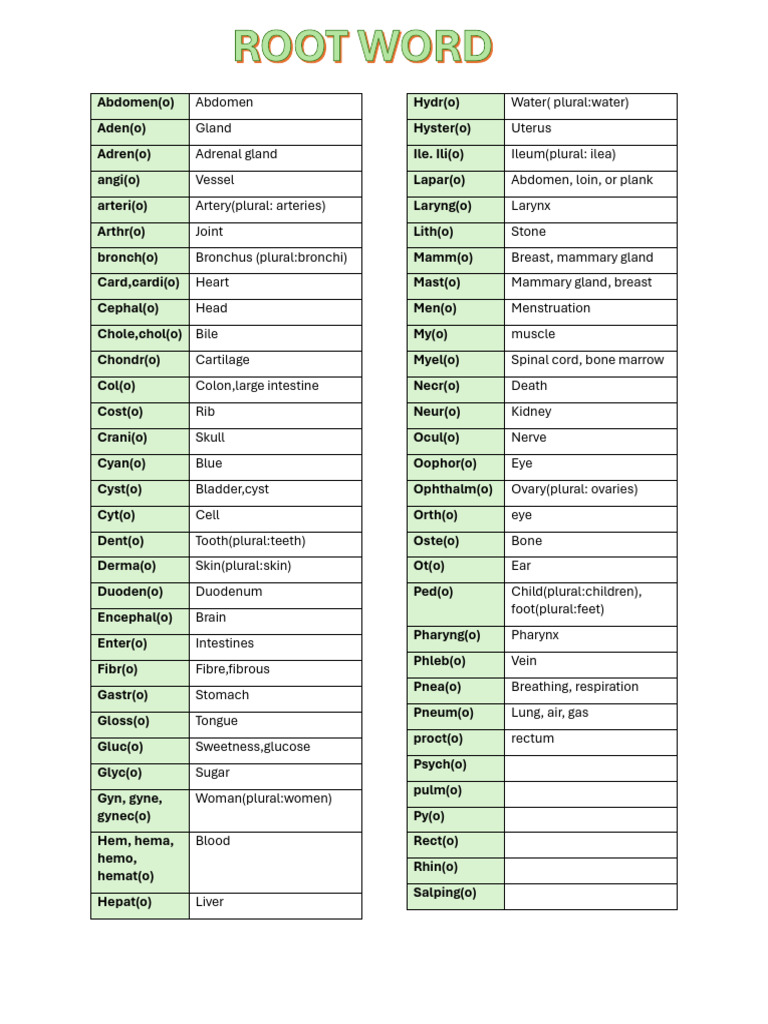 Root Word | PDF | Abdomen | Animal Anatomy