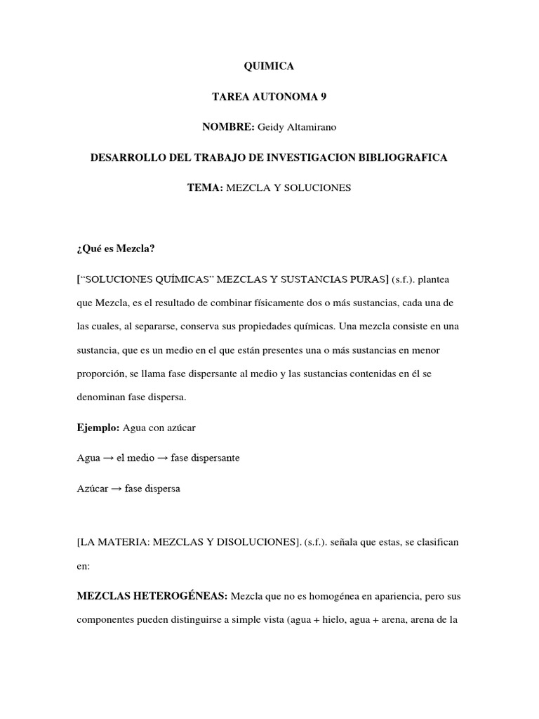 Altamirano Geidy TA9 Mezclas y Soluciones | PDF | Mezcla | Sustancias químicas