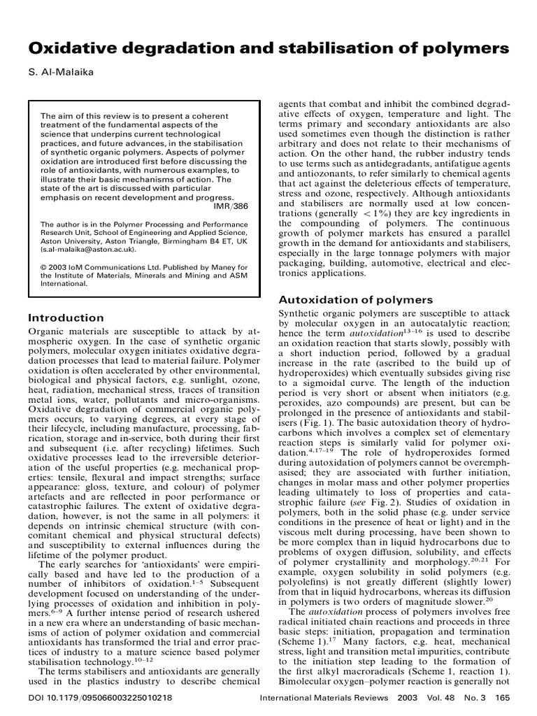 Oxidative Degradation and Stabilisation | PDF | Polymers | Polyethylene