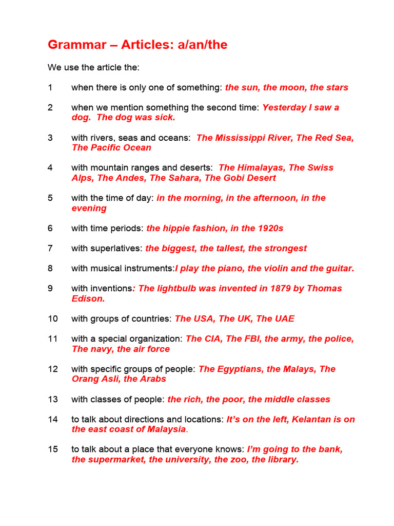 Unit 10 WK 31 Grammar Articles A An The | PDF