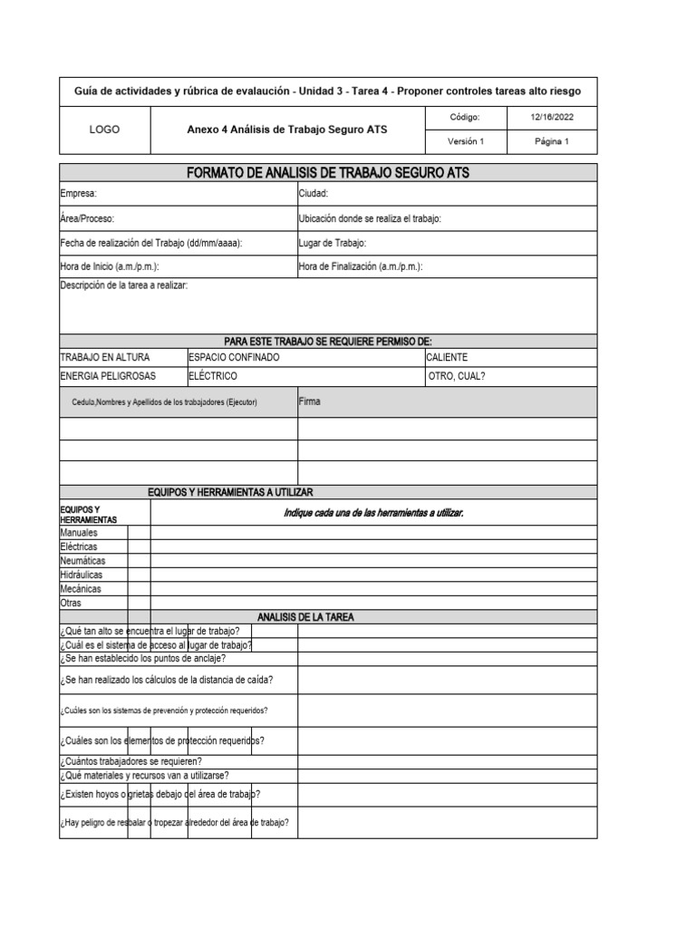 Anexo 4. Análisis de Trabajo Seguro ATS | PDF