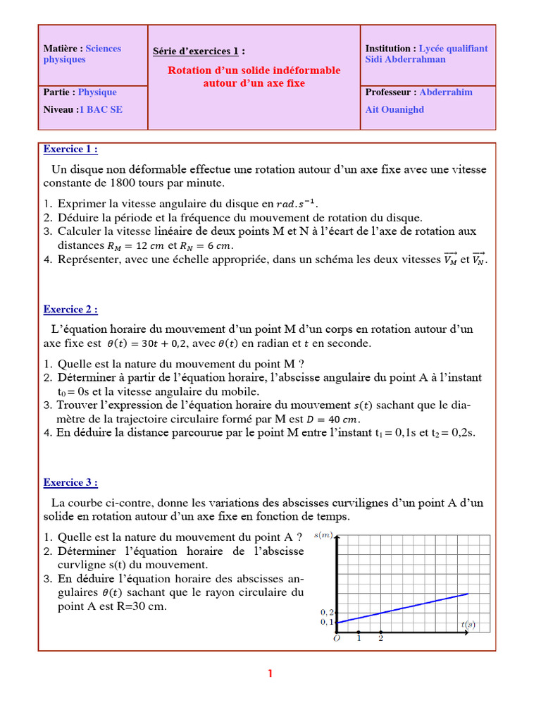 Exercices sur la rotation d'un solide 1BAC | PDF | Rotation | Vitesse