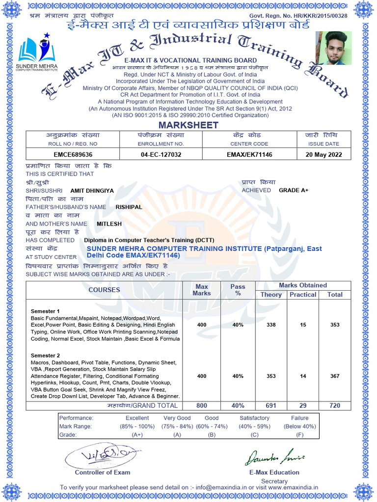 EMCE689636 Amit Dhingiya Marksheet | PDF | Microsoft Excel | Computing