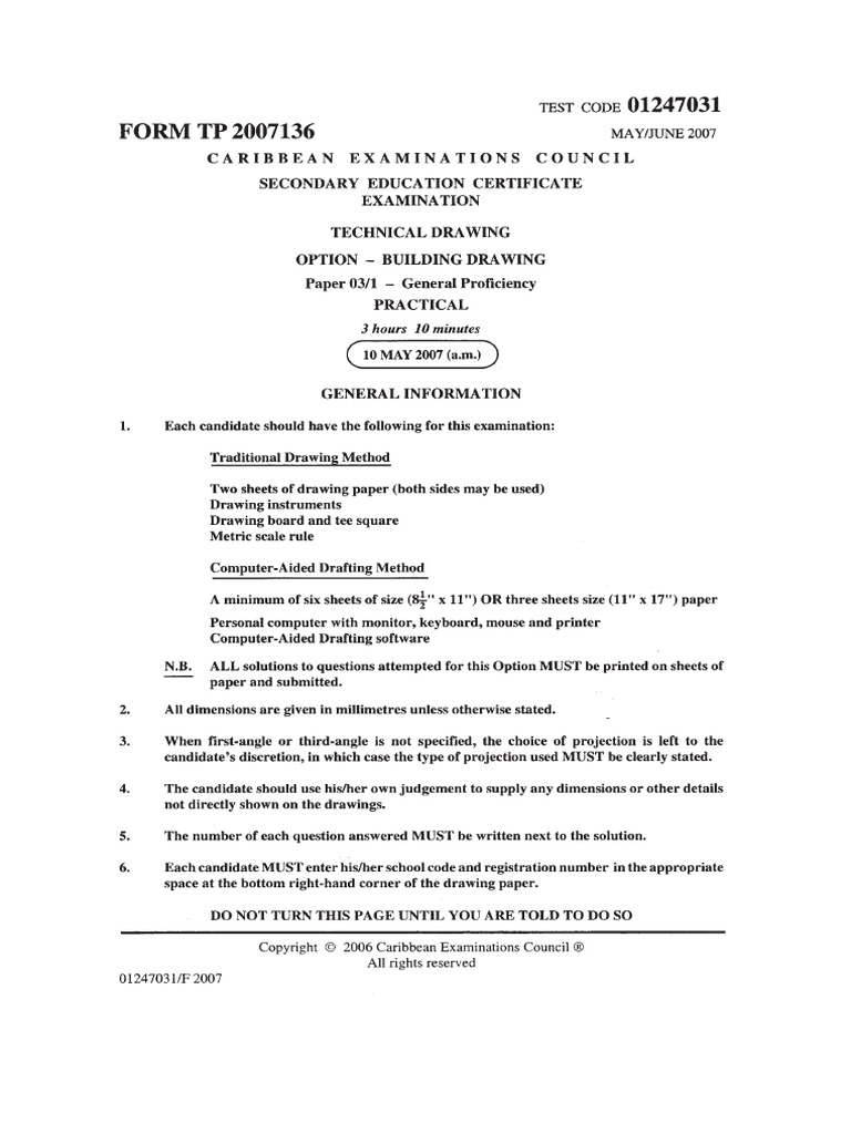 CSEC® Technical Drawing Past Papers(2007) | PDF | Door | Window