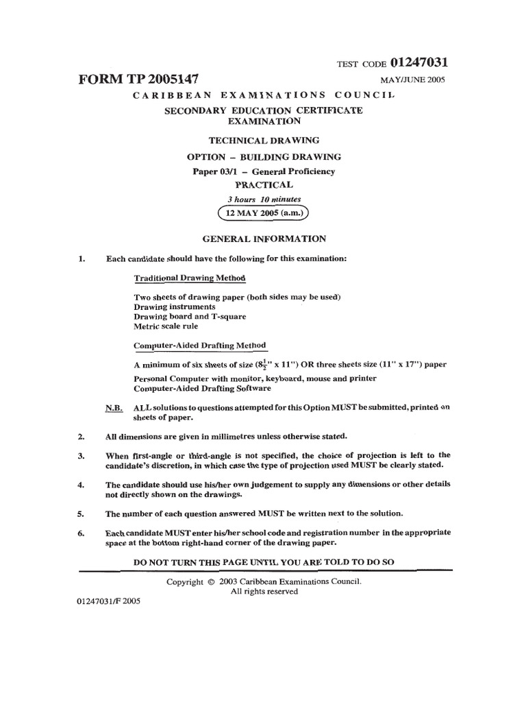CSEC® Technical Drawing Past Papers (2005) | PDF | Door | Wall