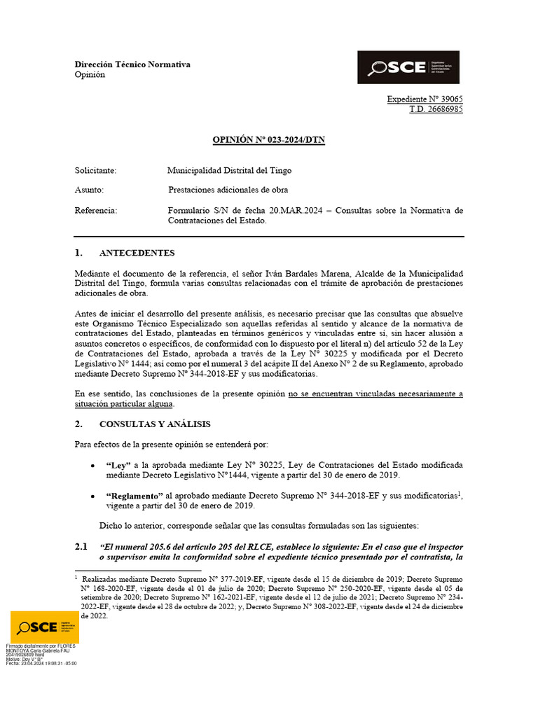 Opinion 023 2024 DTN Mun Dist Tingo Prest Adics Obra | PDF | Regulación ...