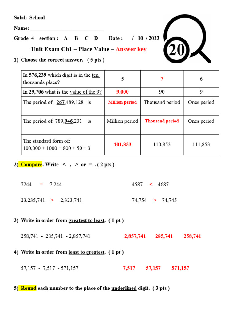 Grade 4 Place Value Exam Answer Key | PDF