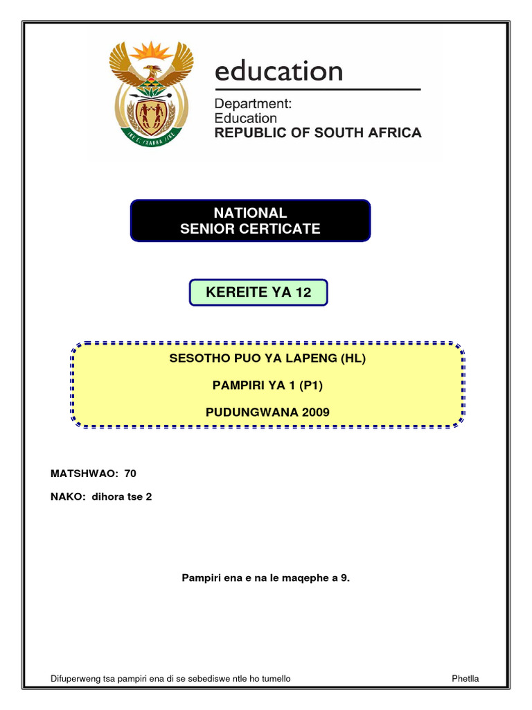Sesotho HL P1 Nov 2009 | PDF