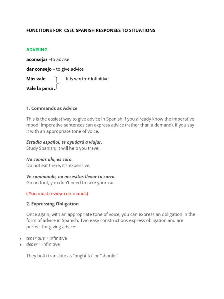 Functions For Csec Spanish Ressponses To Situations | Download Free PDF ...