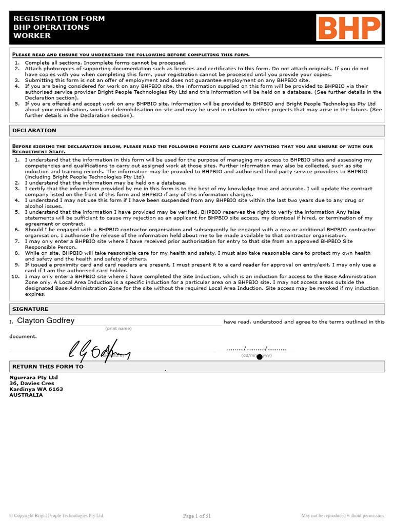 Registration Form BHP Operations Worker: Clayton Godfrey | PDF | Crane ...