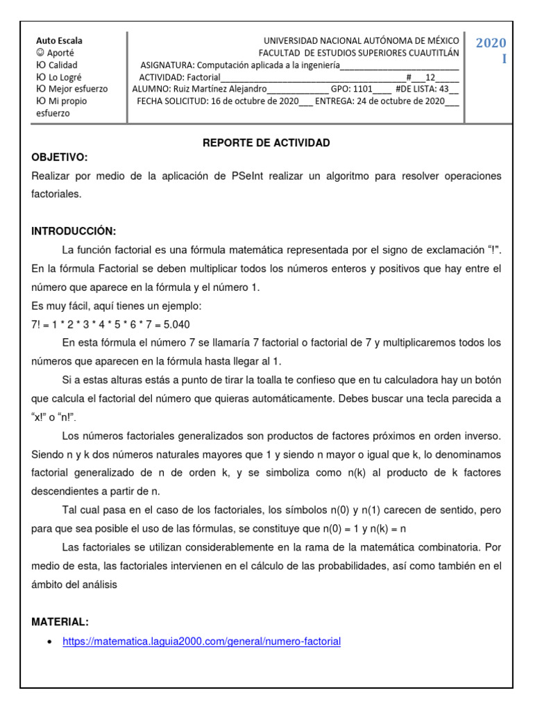 Algoritmo Factorial en PSeInt | PDF | Multiplicación | Matemáticas