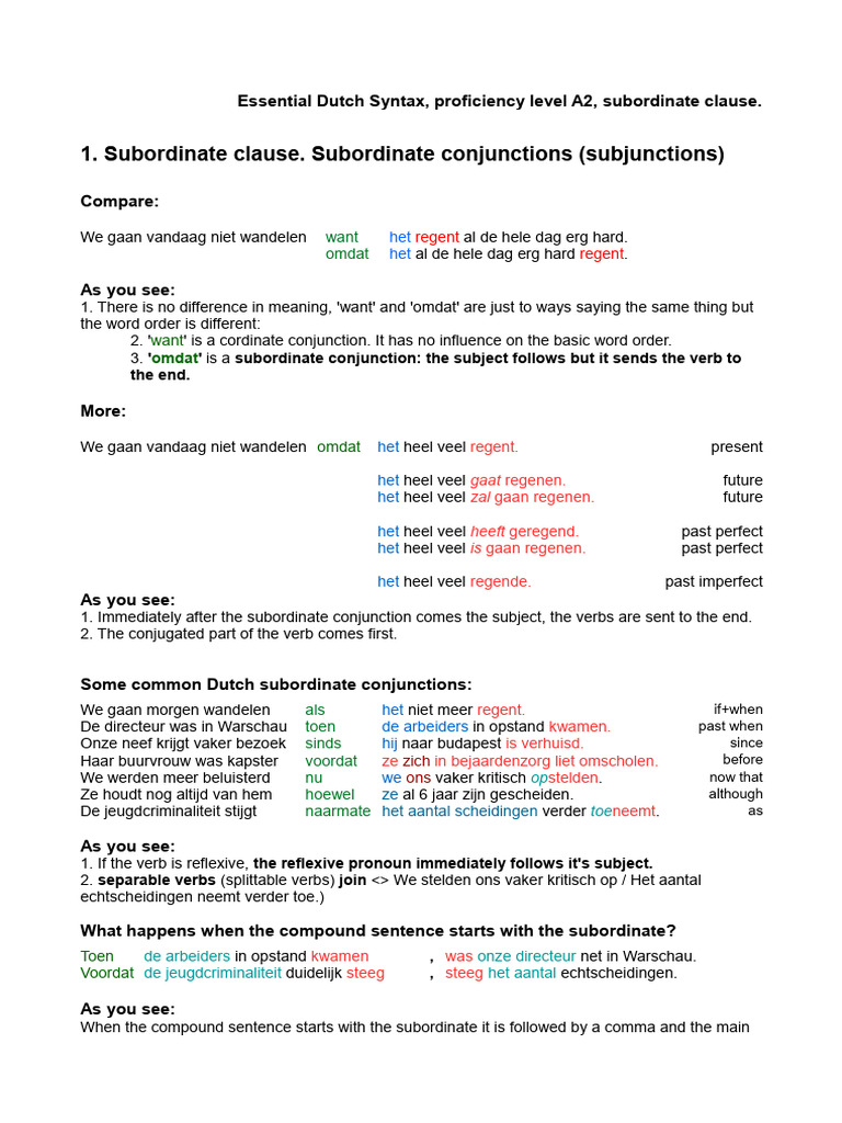 Essential Dutch Syntax Word Order Subordinate Clause Proficiency Level ...