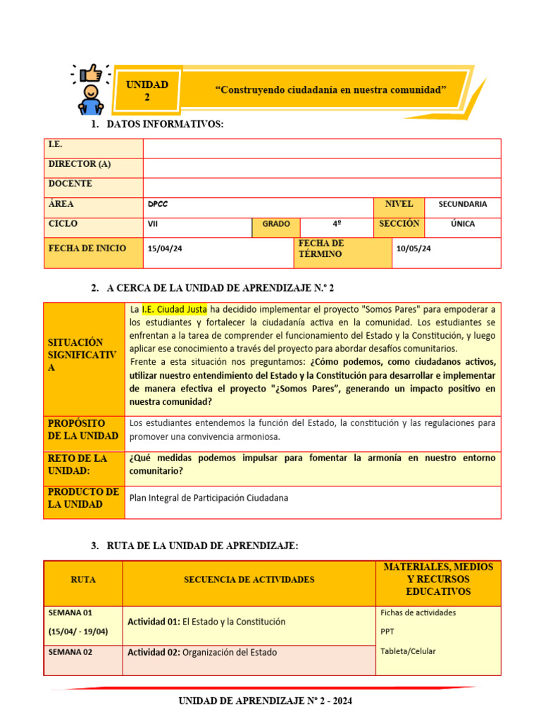 4º Unidad 2 DPCC - 2024 | PDF | Aprendizaje | Democracia