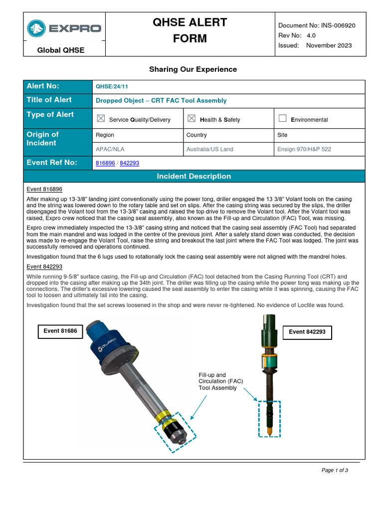 QHSE Alert: Dropped Object Incident | PDF | Screw