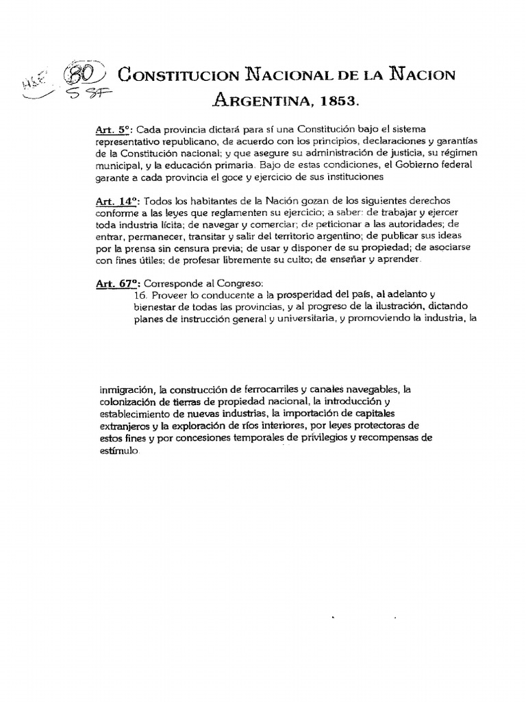 Constitución Nacional 1853 (Fragmentos) Ley de Subvenciones y Ley N 934. | PDF