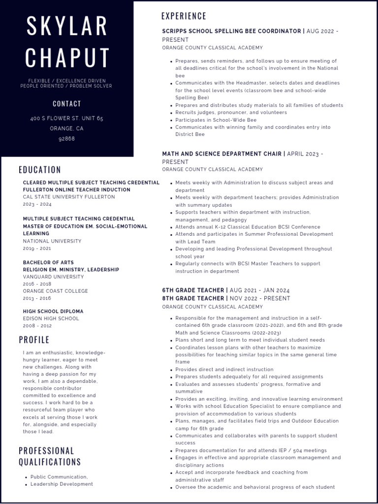 Skylar Chaput Resume 1 | PDF | Teachers | Classroom
