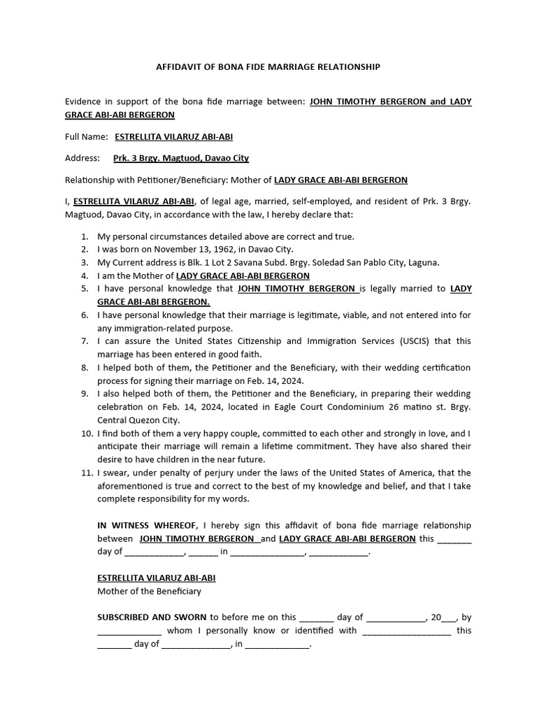 Affidavit of Bona Fide Marriage Relationship | PDF | Affidavit | Marriage