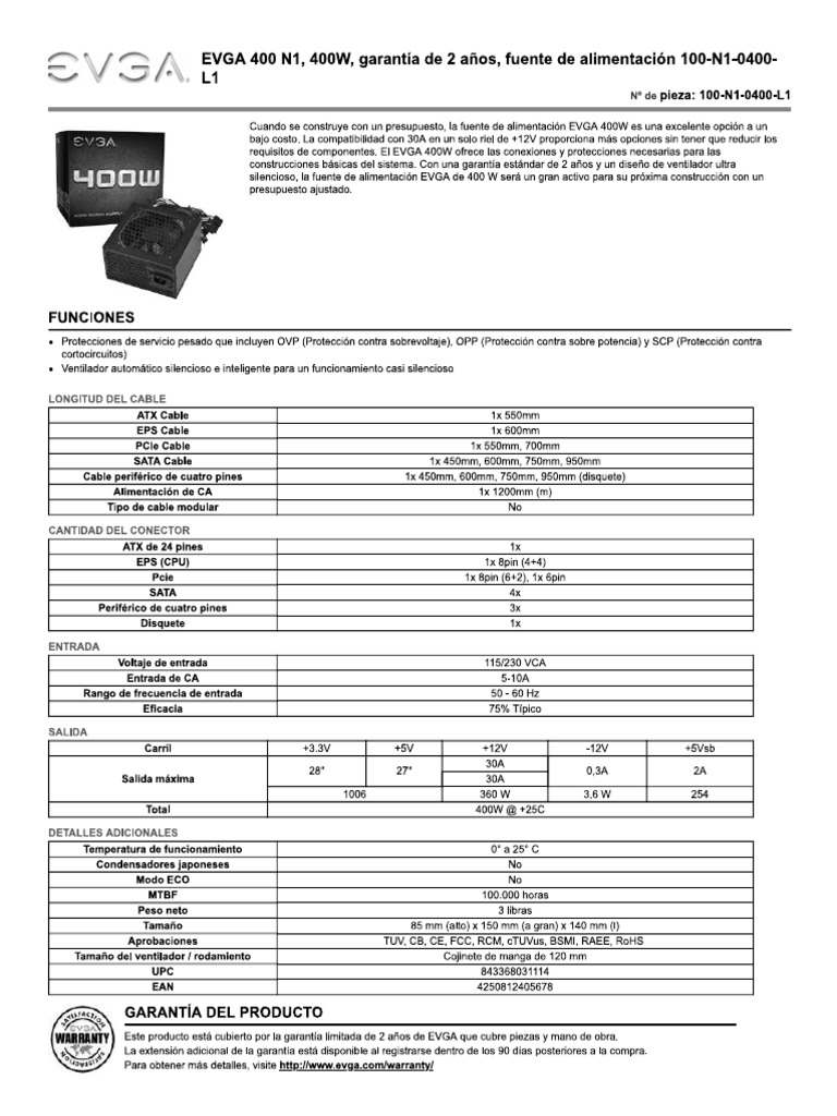 EVGA 400W Power Supply 100-N1-0400-L1 | PDF