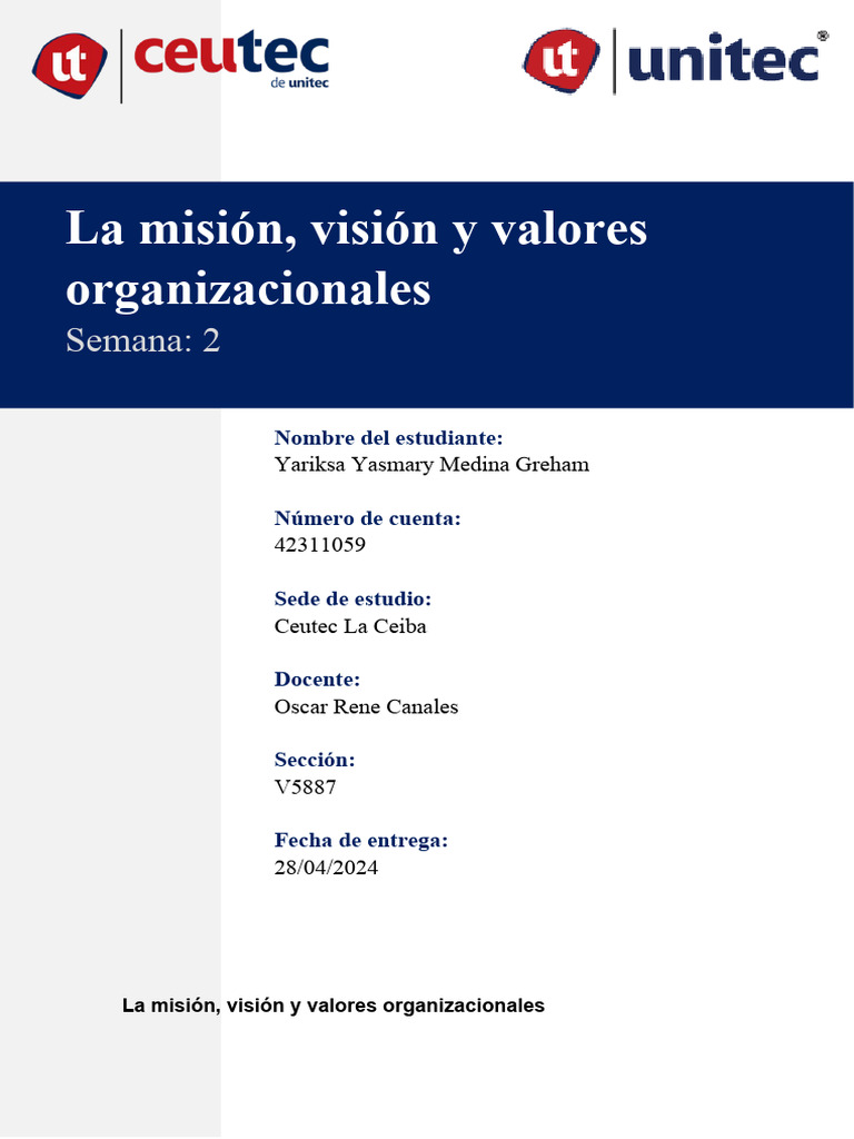 Misión, Visión y Valores Organizacionales | PDF | Calidad (comercial ...