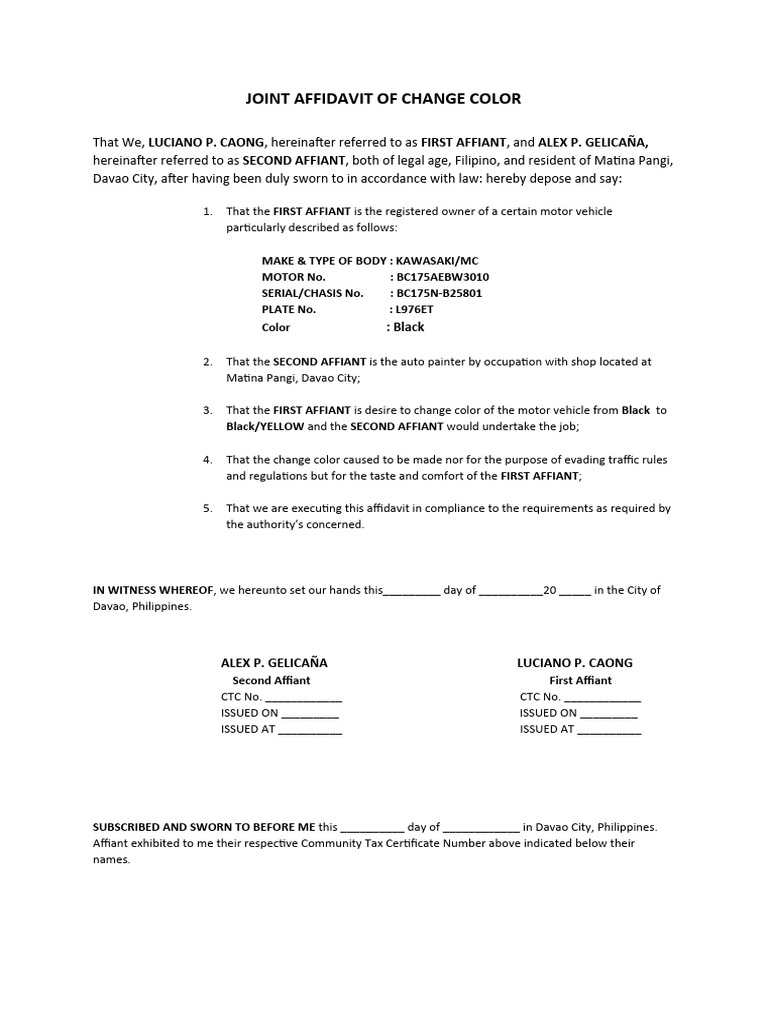 Joint Affidavit for Motorcycle Color Change | PDF